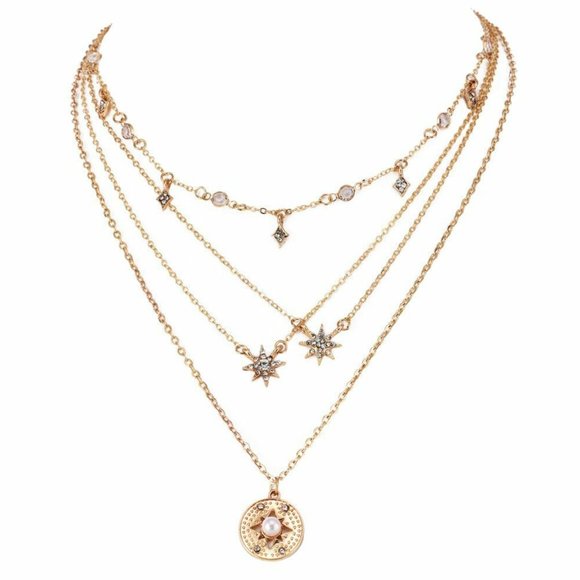 Jewelry | Gold Crystal Medallion Star Multi Layer Necklace | Poshmark